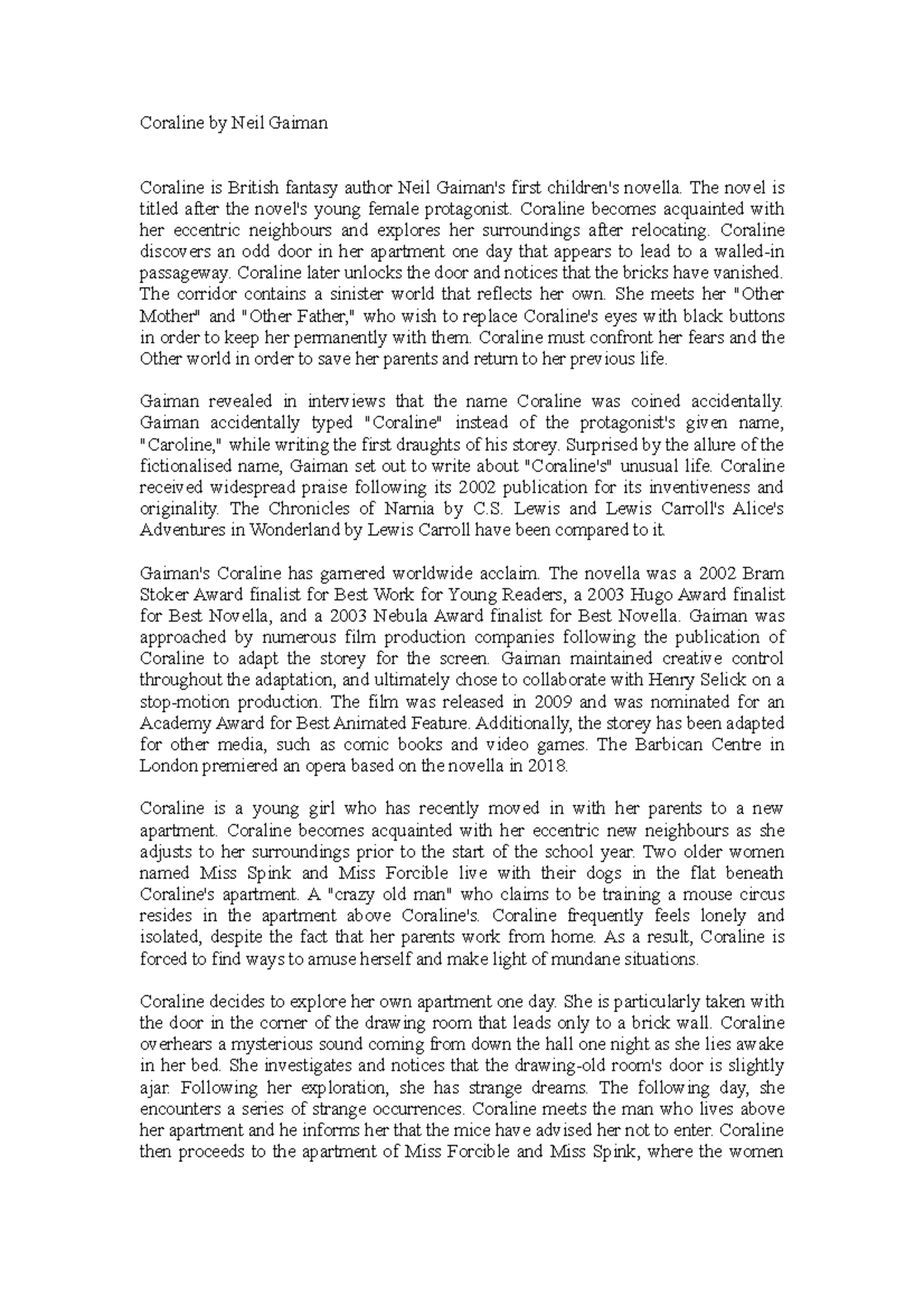 Coraline by Neil Gaiman - English Literature - AMU - Studocu