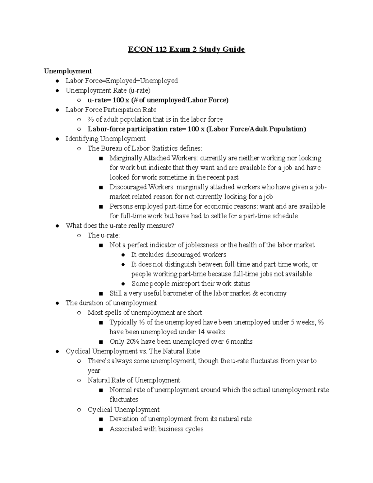 Econ 112 Exam 2 Study Guide - ECON 112 Exam 2 Study Guide Unemployment ...