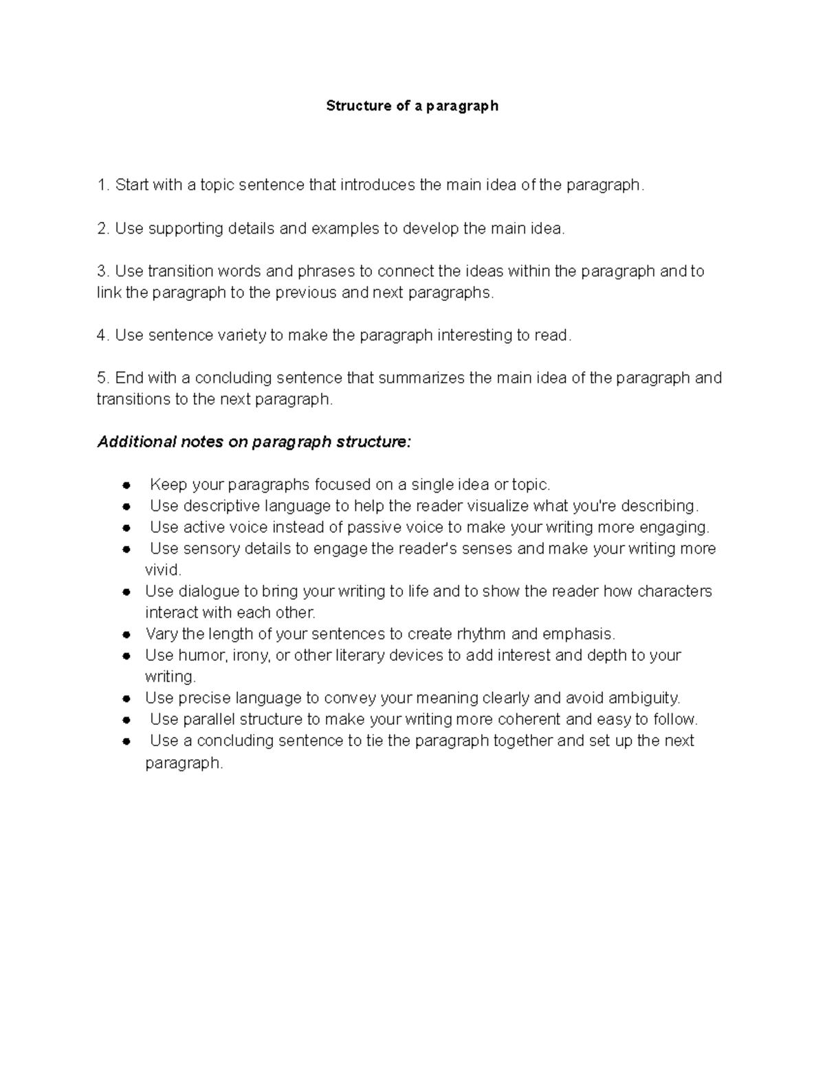 Paragraph structure notes - Structure of a paragraph Start with a topic ...