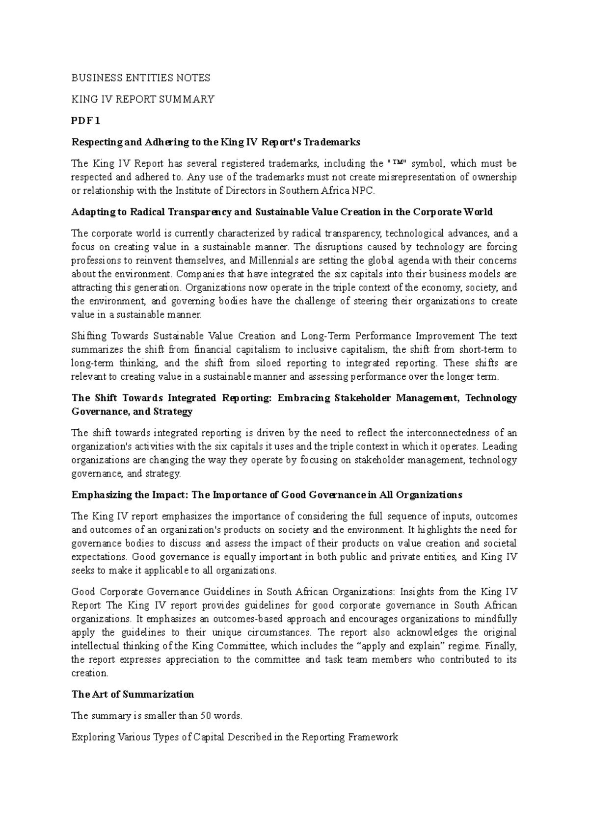 Business Summary PDF'S - BUSINESS ENTITIES NOTES KING IV REPORT SUMMARY ...