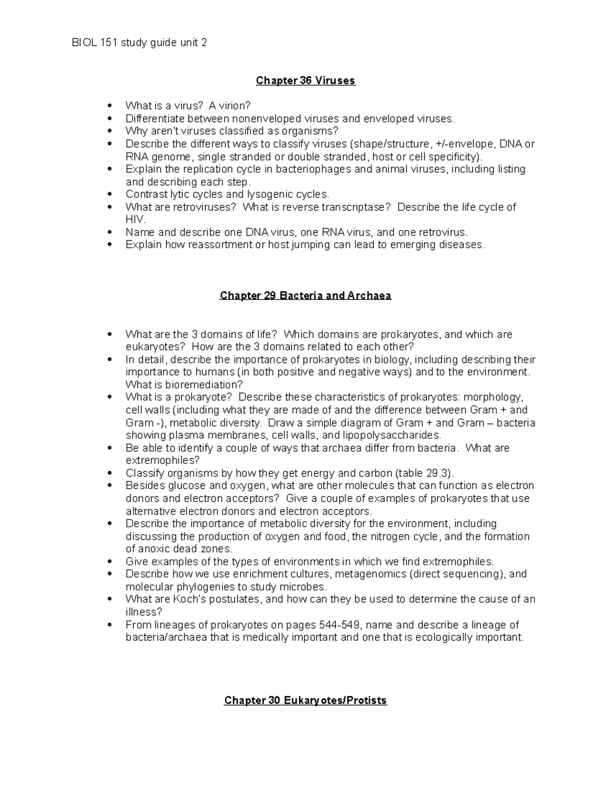 Unit 2 microbes and plants study guide - BIOL 151 study guide unit 2 ...