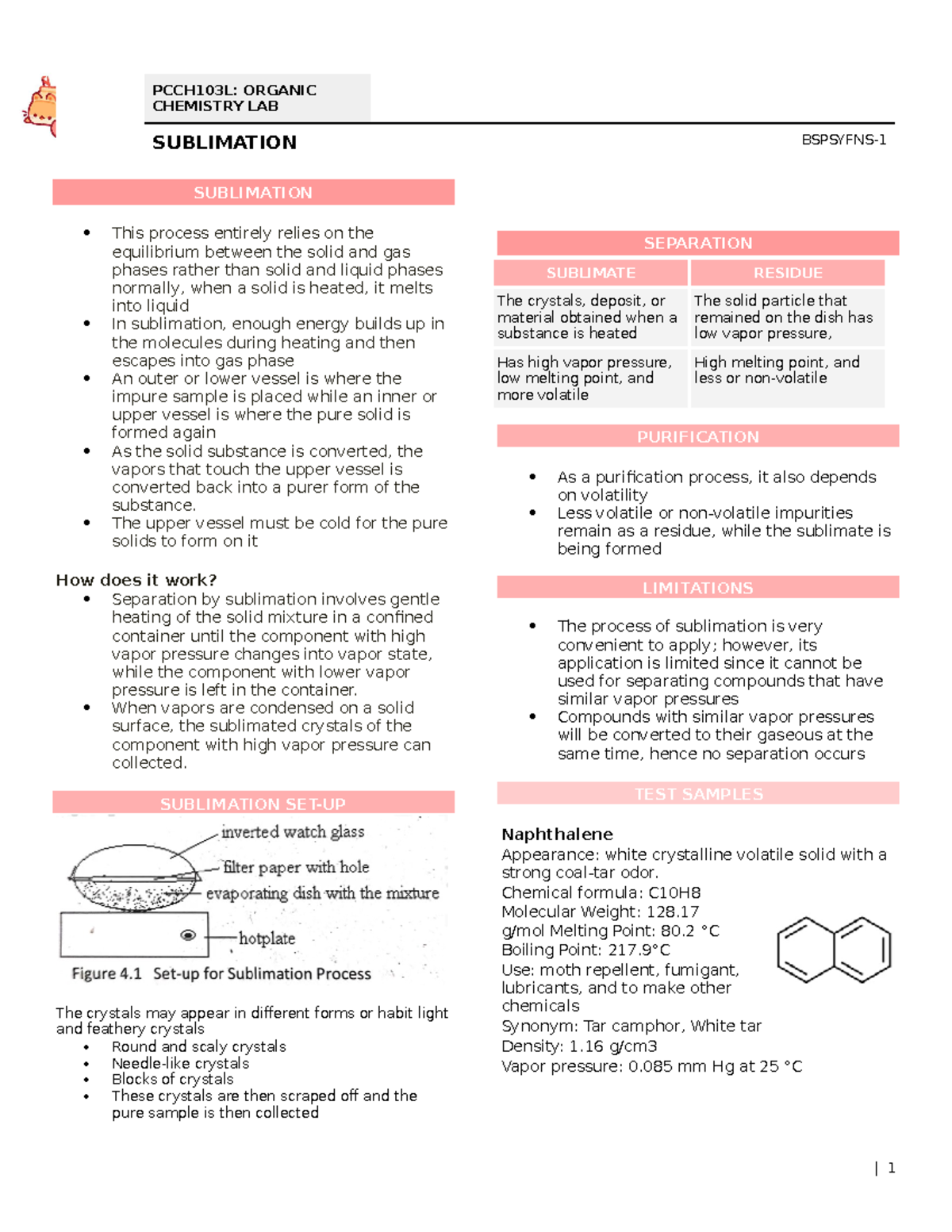 Organic Chemistry Lab M2 L5 Sublimation - PCCH103L: ORGANIC CHEMISTRY ...