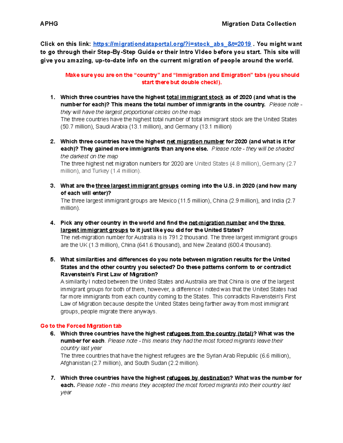 Analyzing Migration Patterns Assignment - APHG Migration Data Collection Click on this link ...