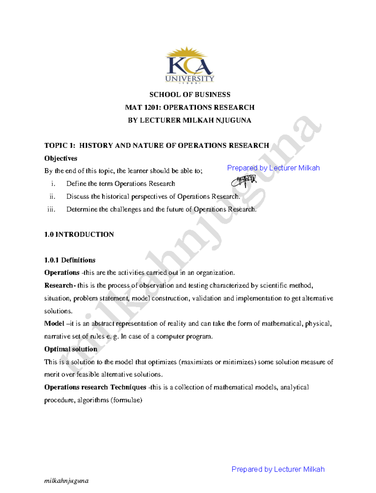 MAT 1201- Introduction TO Operations Reaserch- Milkah - SCHOOL OF ...