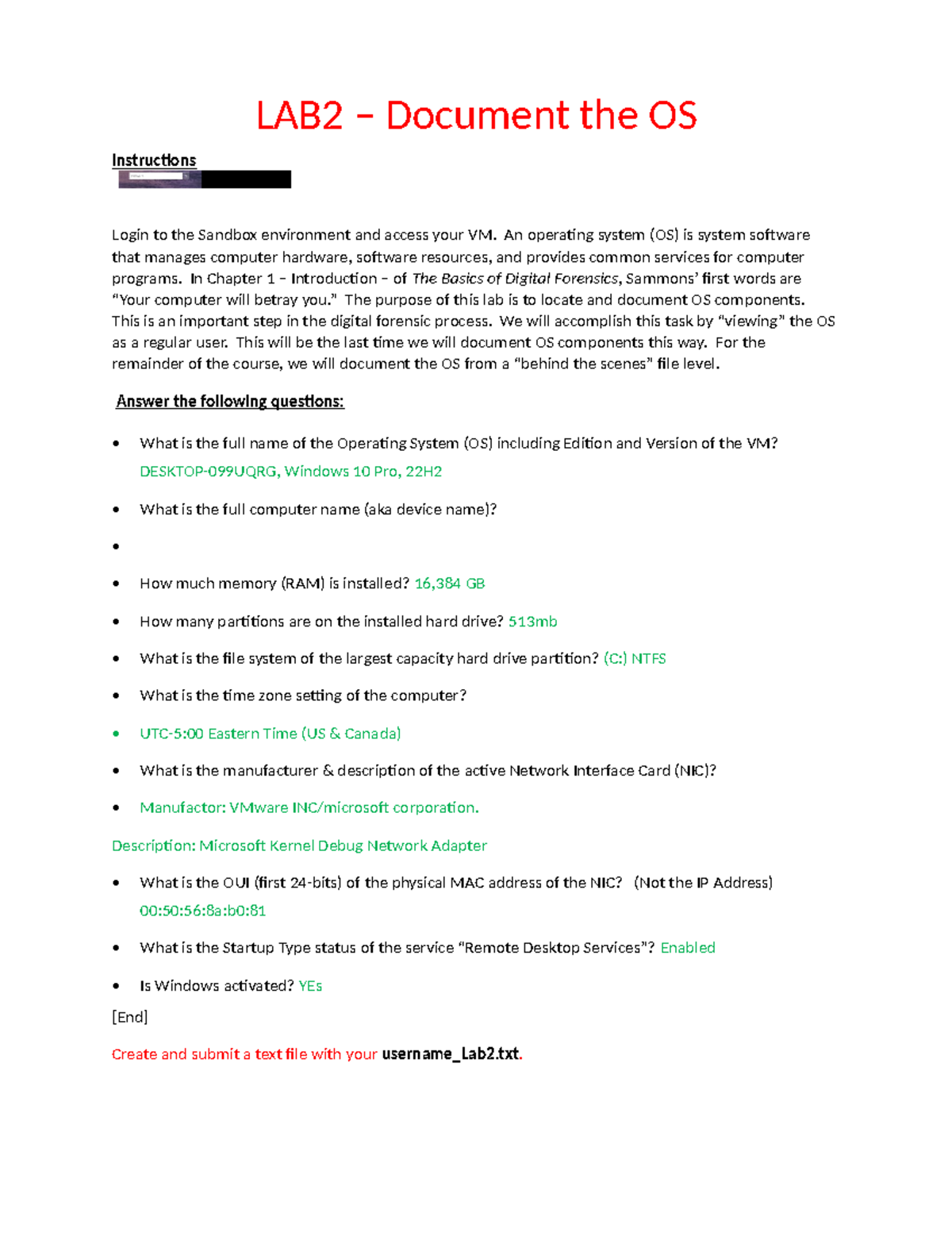 LAB 2 - another assignment - LAB2 – Document the OS Instructions Login to the Sandbox ...