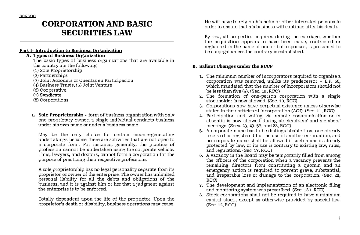 Corpo Monograph - CORPORATION AND BASIC SECURITIES LAW Part I ...