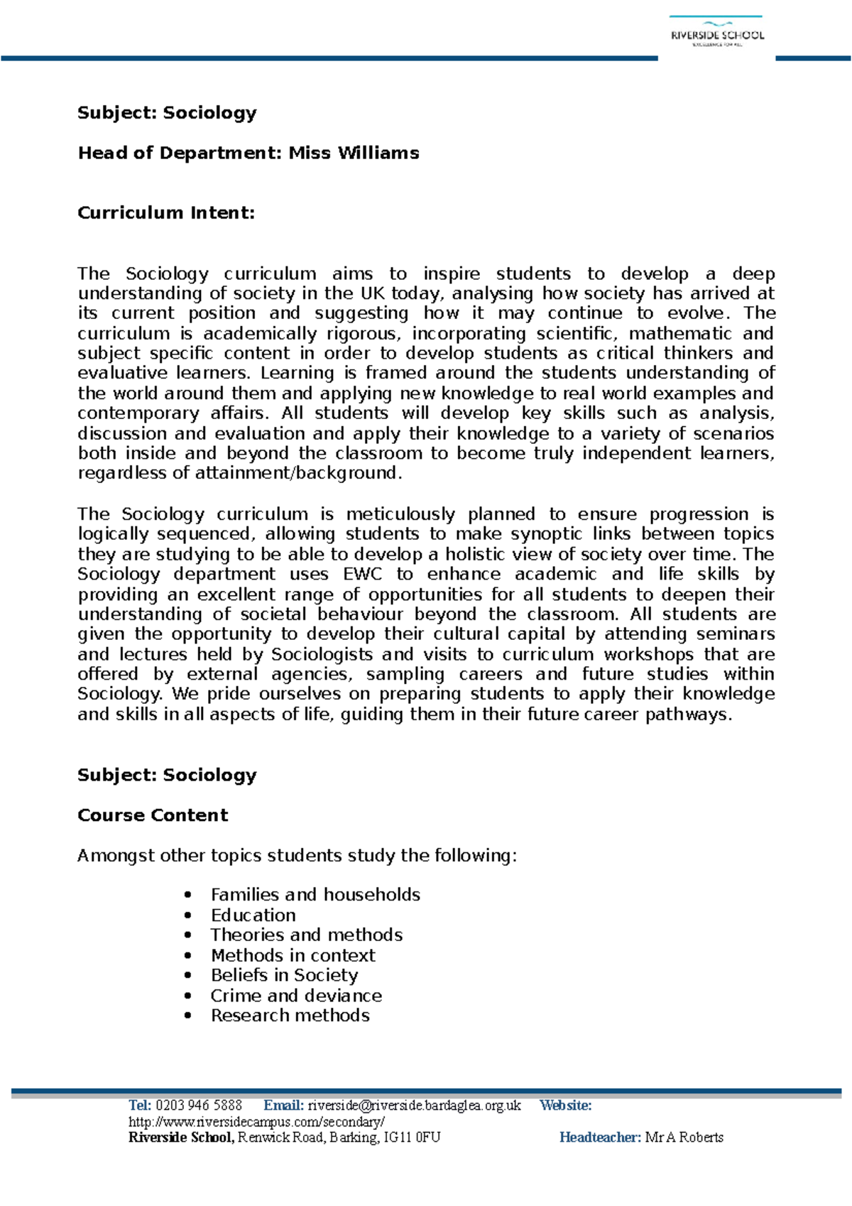 Sociology-Curriculum - Subject: Sociology Head of Department: Miss ...