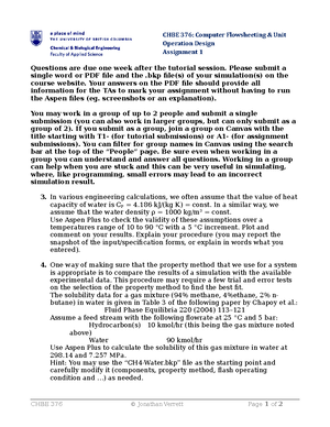 A02 2021W - 2nd Assignment - CHBE 376: Computer Flowsheeting Assignment 2 All questions are due ...