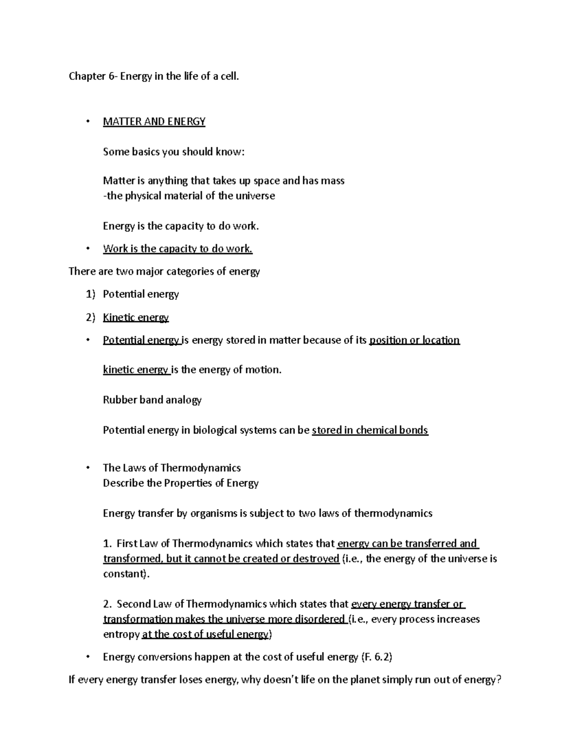 Biology 1001- Chapter 6 - Chapter 6- Energy in the life of a cell ...