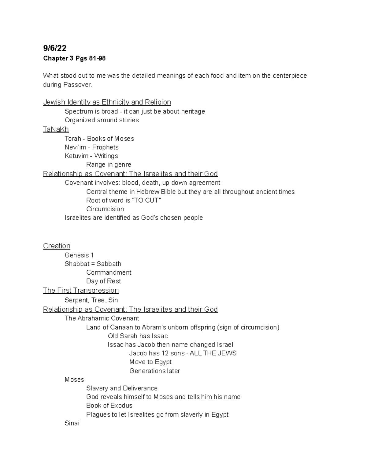Lecture Notes - Judaism - 9/6/ Chapter 3 Pgs 81- What stood out to me ...