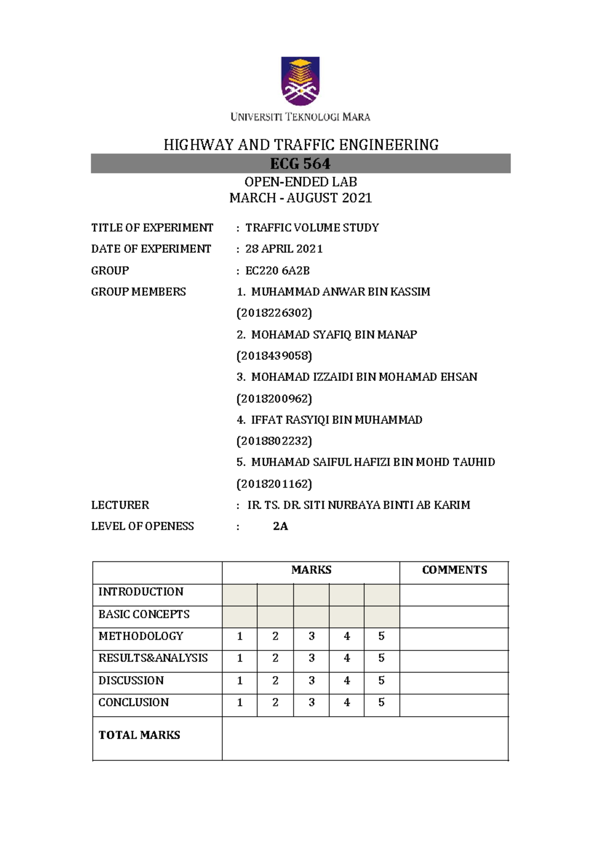 Traffic Volume Study - Lab report - HIGHWAY AND TRAFFIC ENGINEERING ECG ...