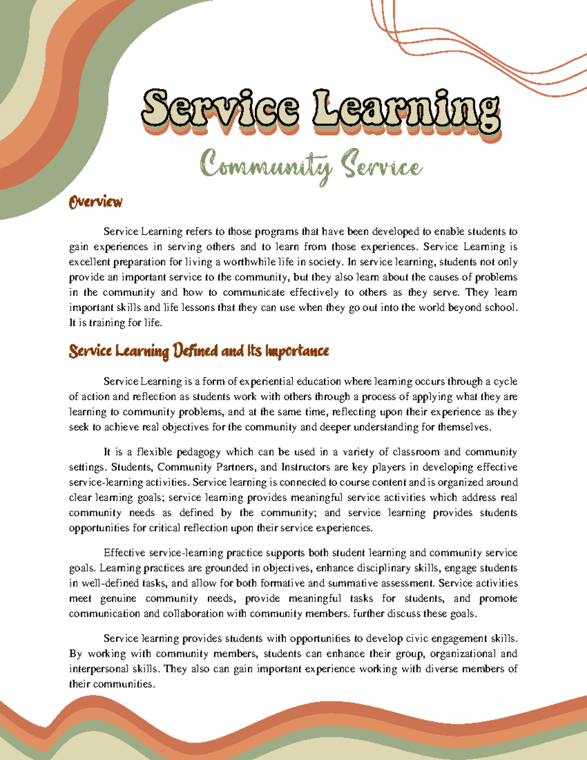 Service Learning - Overview Service Learning refers to those programs ...