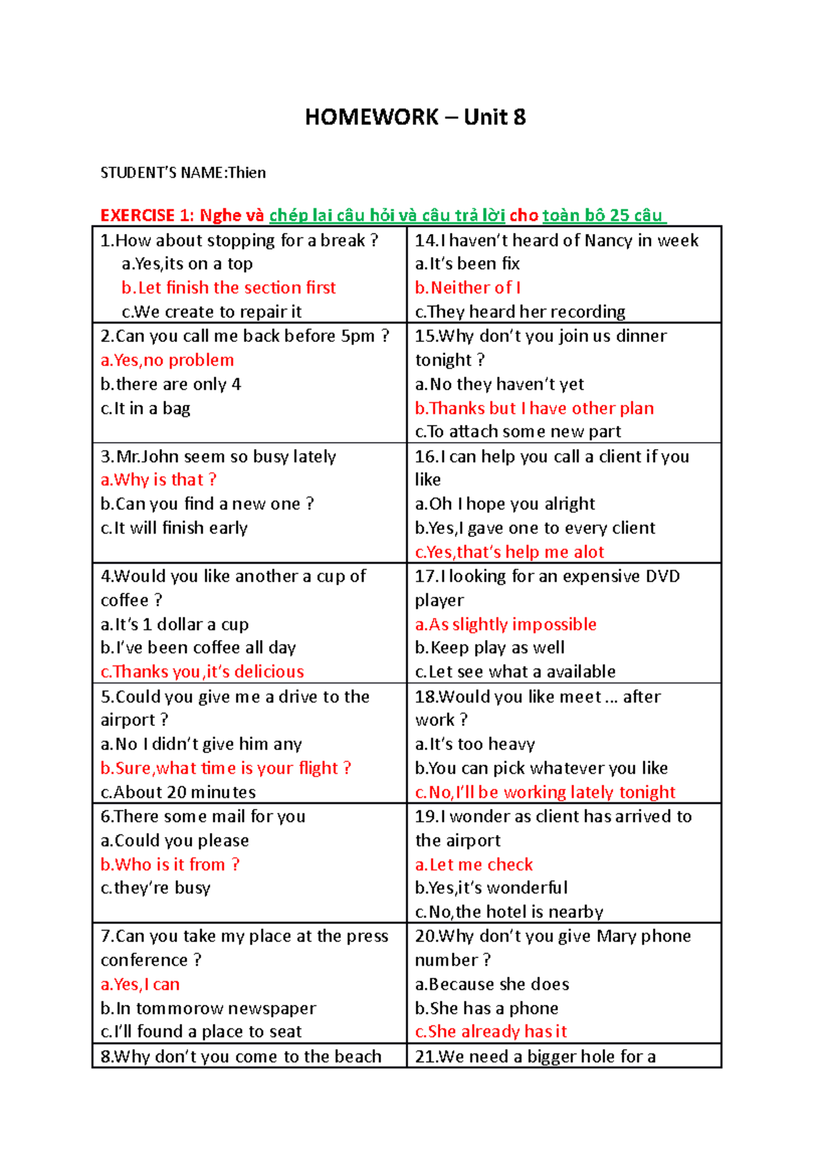 Homework - UNIT 8 - LC+RC - HOMEWORK – Unit 8 STUDENT’S NAME:Thien ...