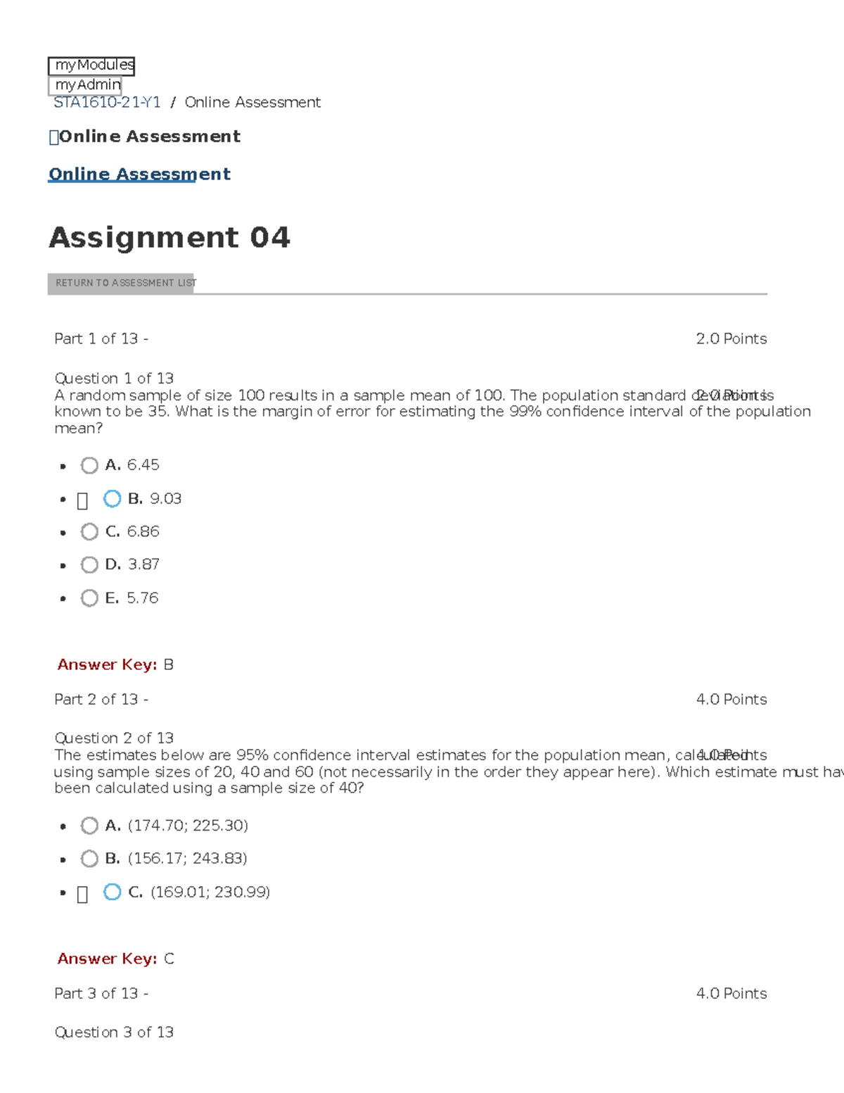 My Modules STA1610 21 Y1 Online Assessment 2 - 2 Points 4 Points ...