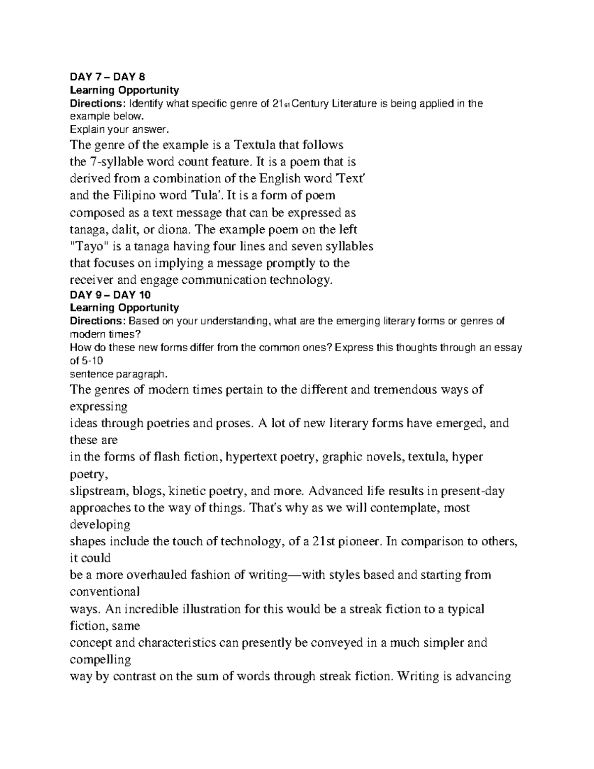 DAY 7 - Lecture notes 1 - DAY 7 – DAY 8 Learning Opportunity Directions ...