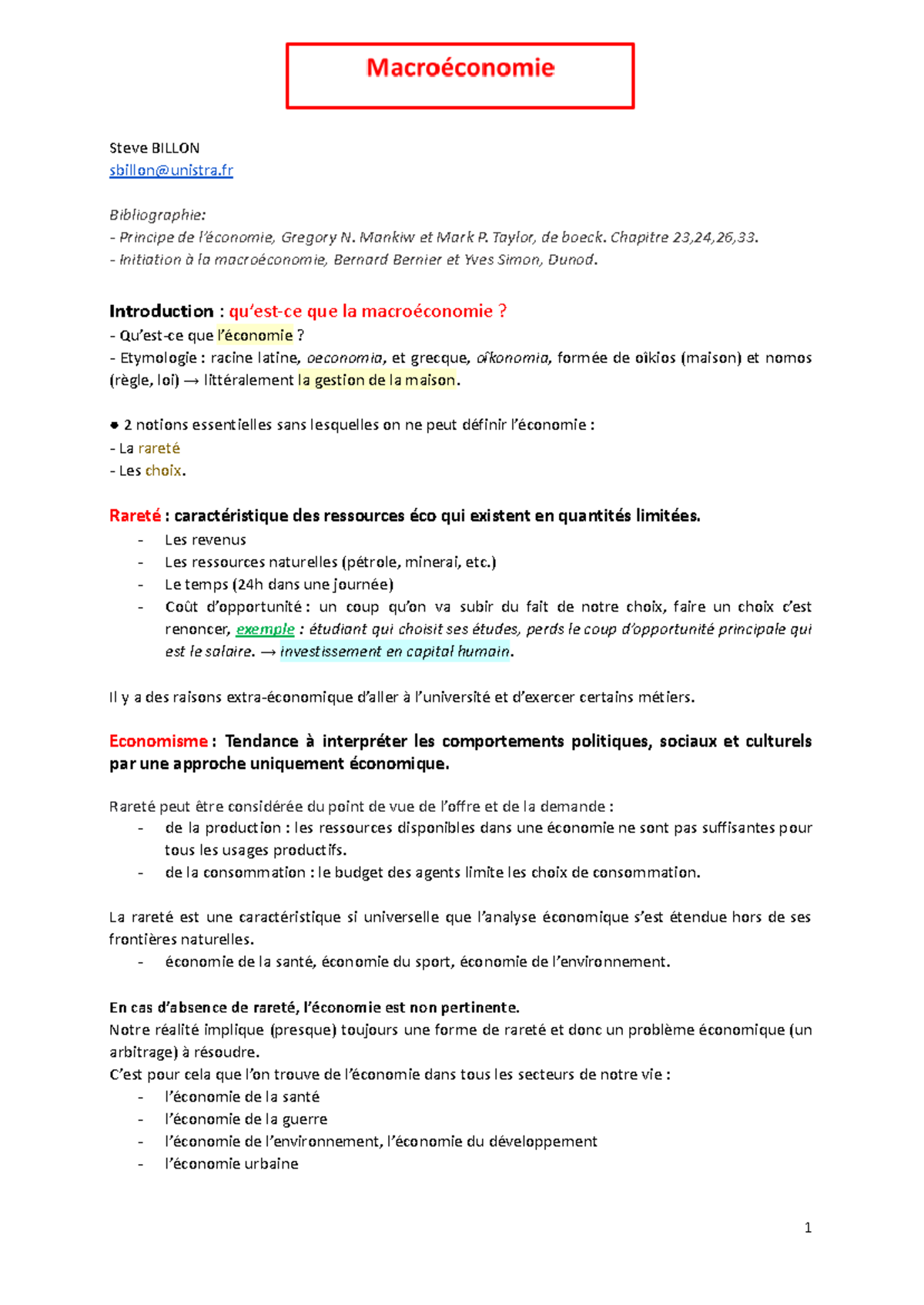 Macroéconomie 2021-1 - Steve BILLON sbillon@unistra Bibliographie: Principe de l’économie ...
