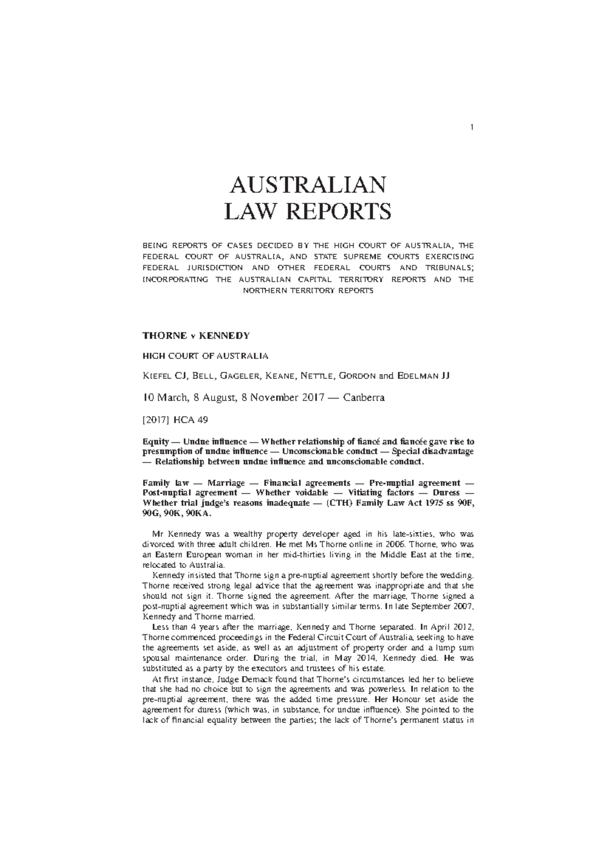 Thornevkennedy - Lecture notes 9 - AUSTRALIAN LAW REPORTS BEING REPORTS ...
