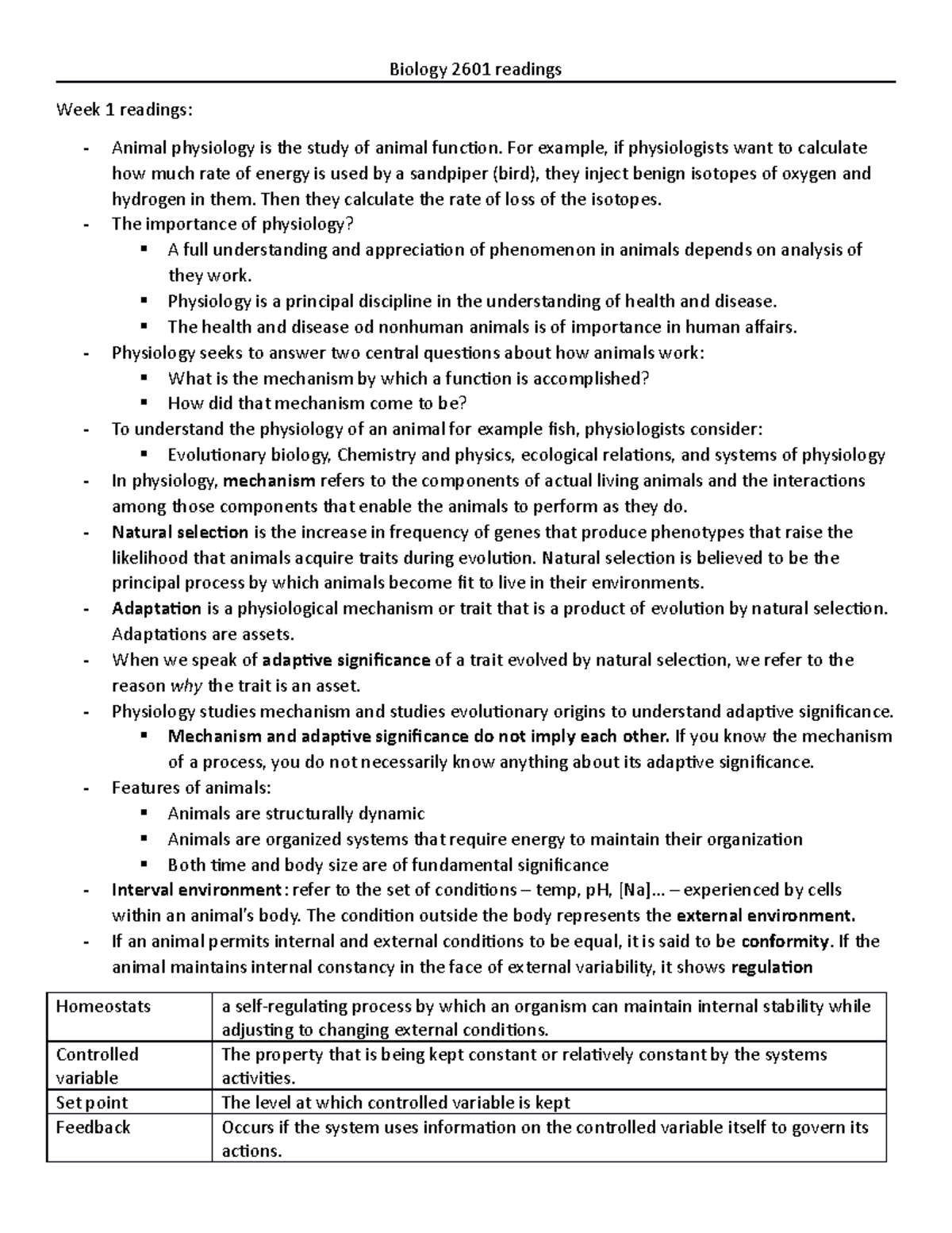 Readings-2601 - summary of readings - Biology 2601 readings Week 1 ...