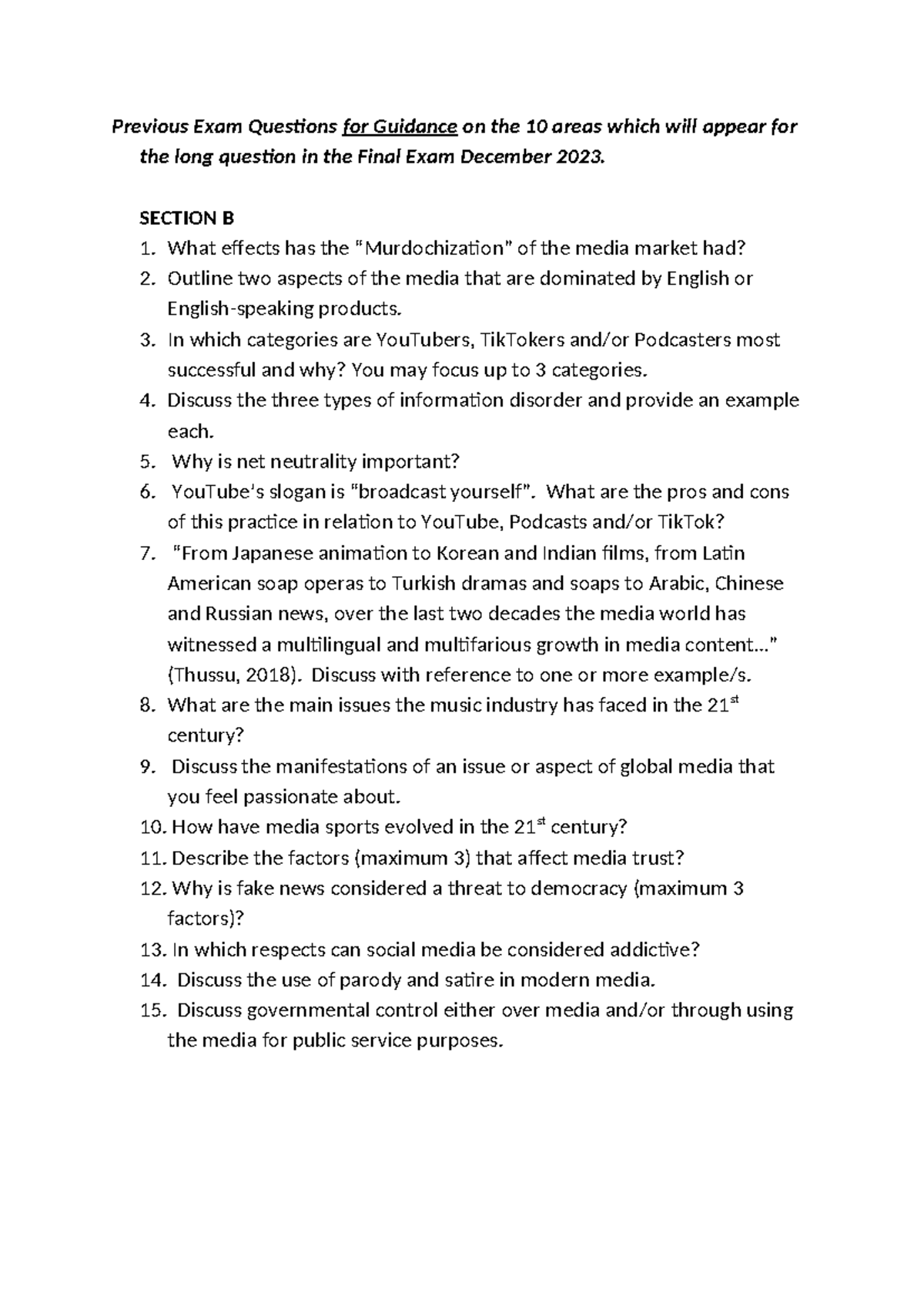 Final Exam Question examples - Previous Exam Questions for Guidance on ...