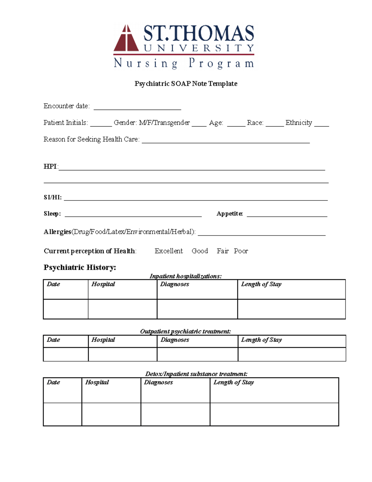 Graduate Comprehensive Psychiatric Evaluation Template - Psychiatric ...
