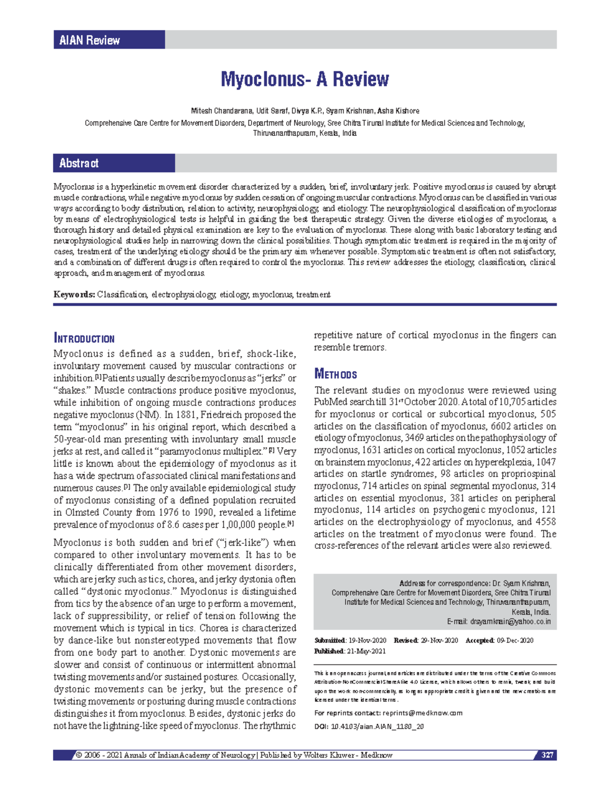 Mioclonus review - Mioclonias - © 2006 - 2021 Annals of Indian Academy ...