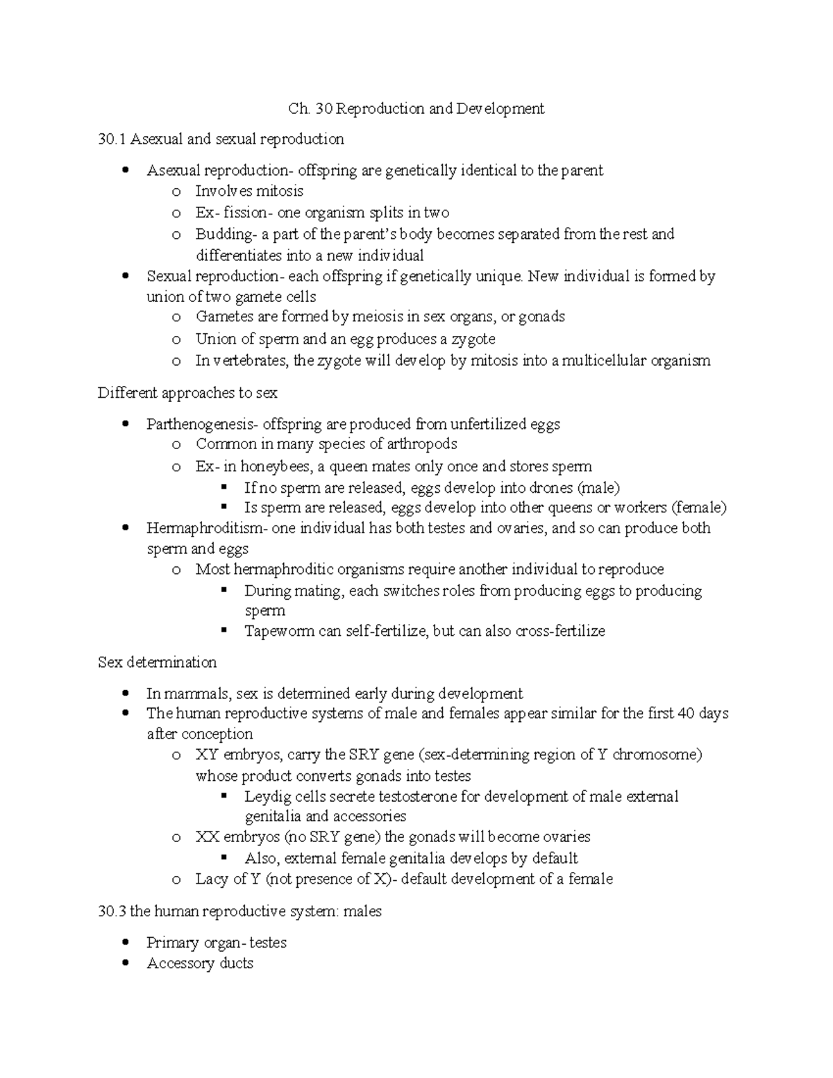 Zool ch 30 notes - Margaret Nsofor - Ch. 30 Reproduction and ...