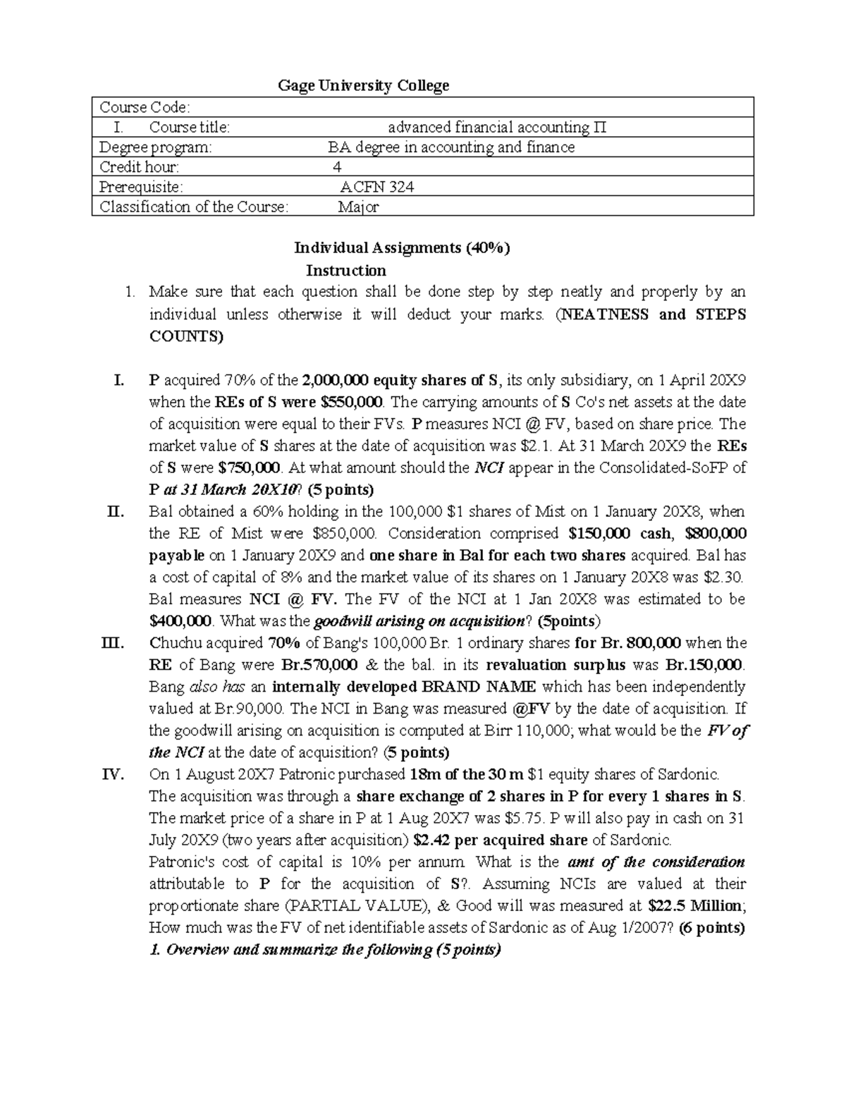 Advance Assignment - Accounting - Gage University College Course Code ...