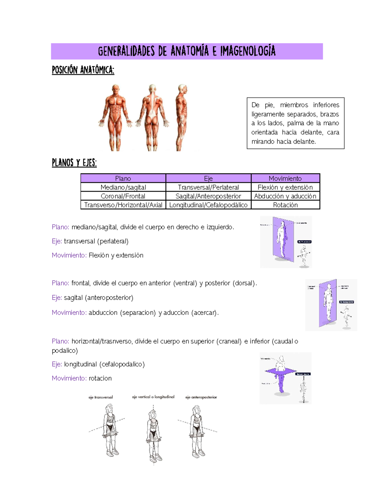 Generalidades de la Anatomia PDF - Plano Eje Movimiento Mediano/sagital Transversal/Perlateral ...