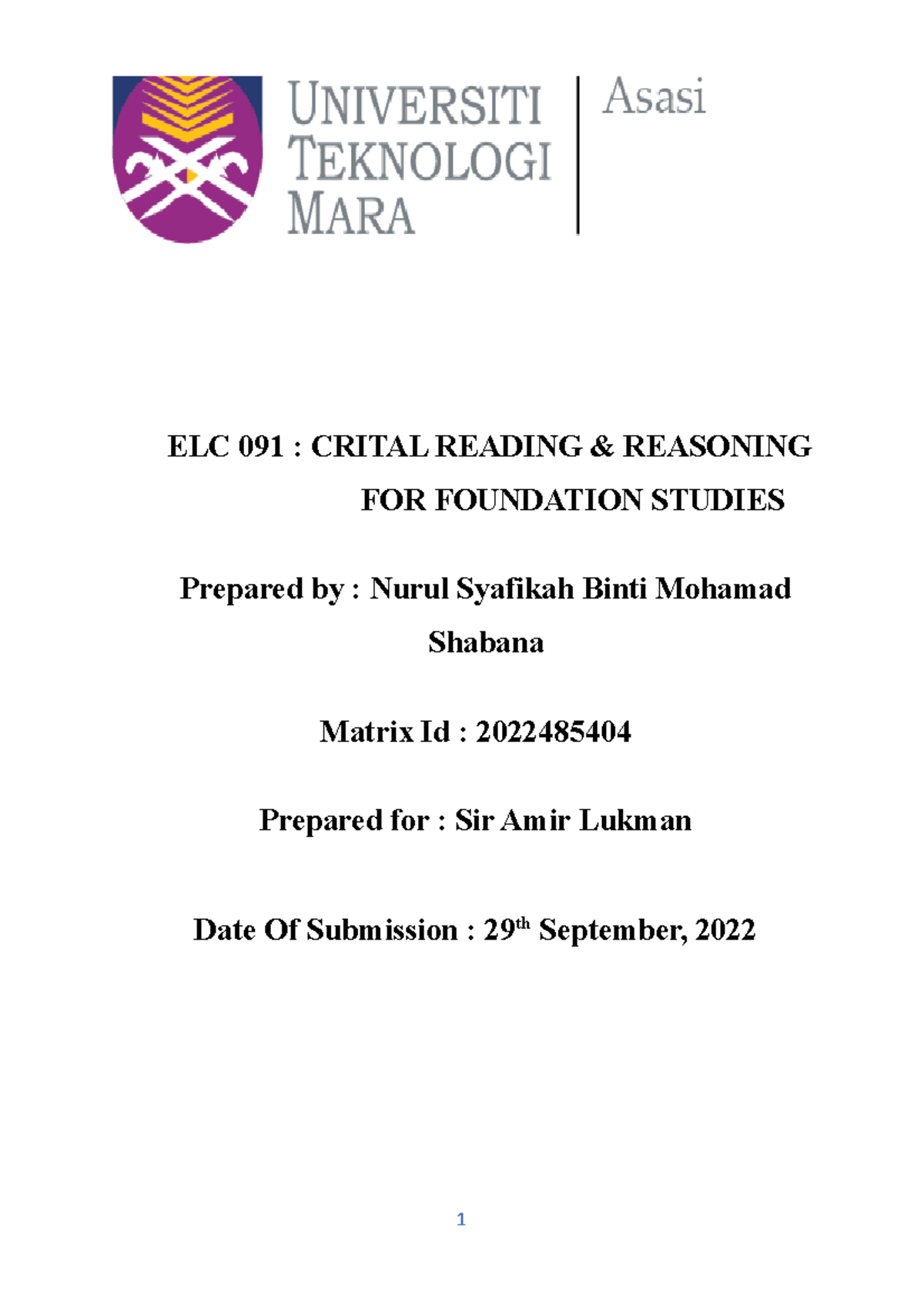 Argument Mapping elc091 (1) - ELC 091 : CRITAL READING & REASONING FOR ...