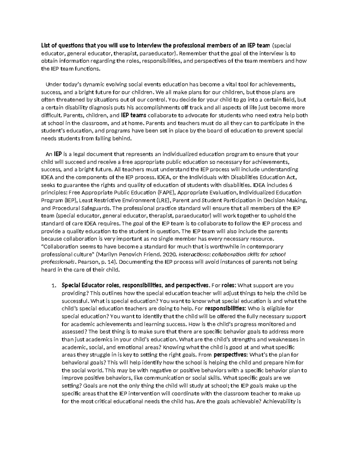 Questions for IEP team - List of questions that you will use to ...