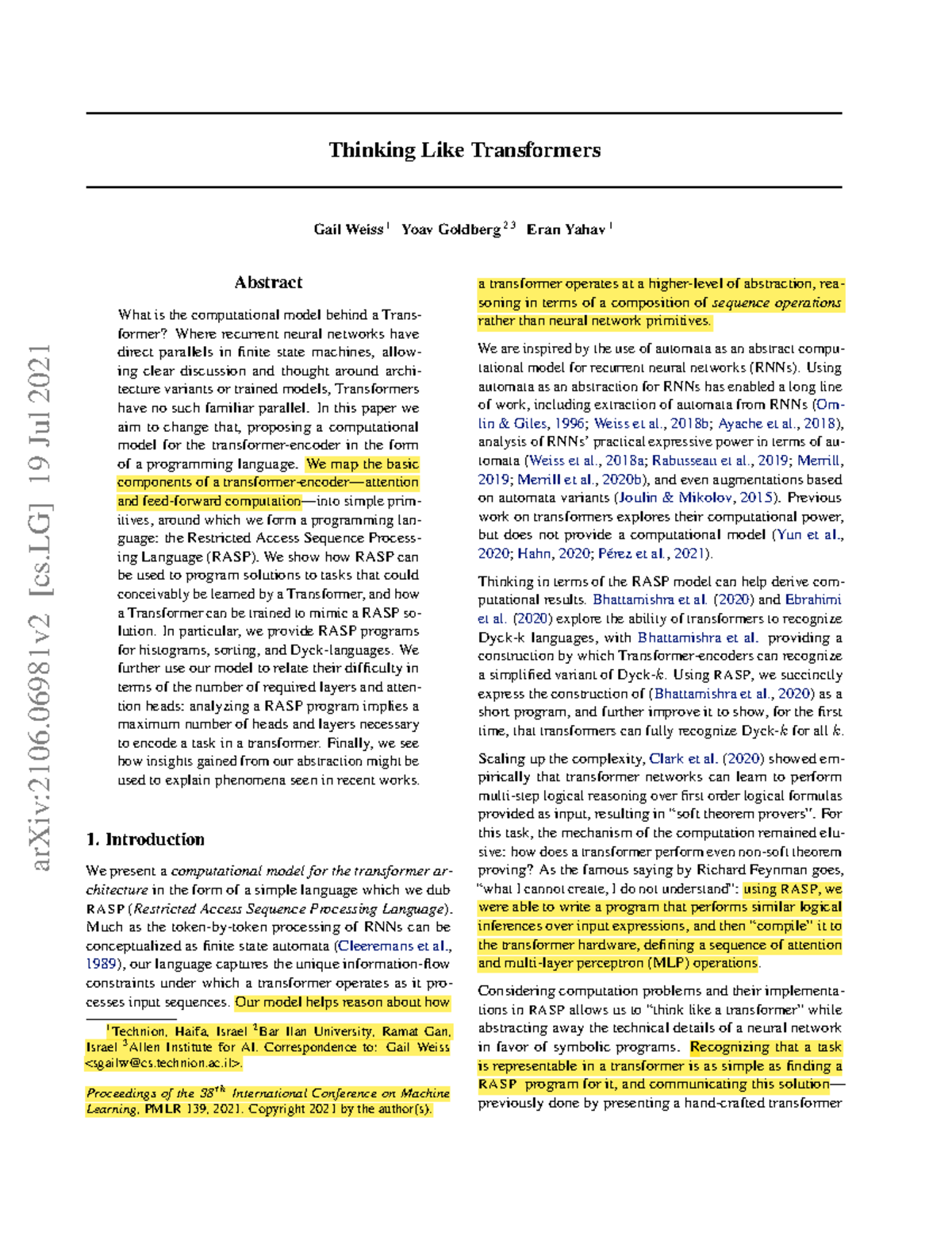 Thinking like transformers paper - Gail Weiss 1 Yoav Goldberg 2 3 Eran ...