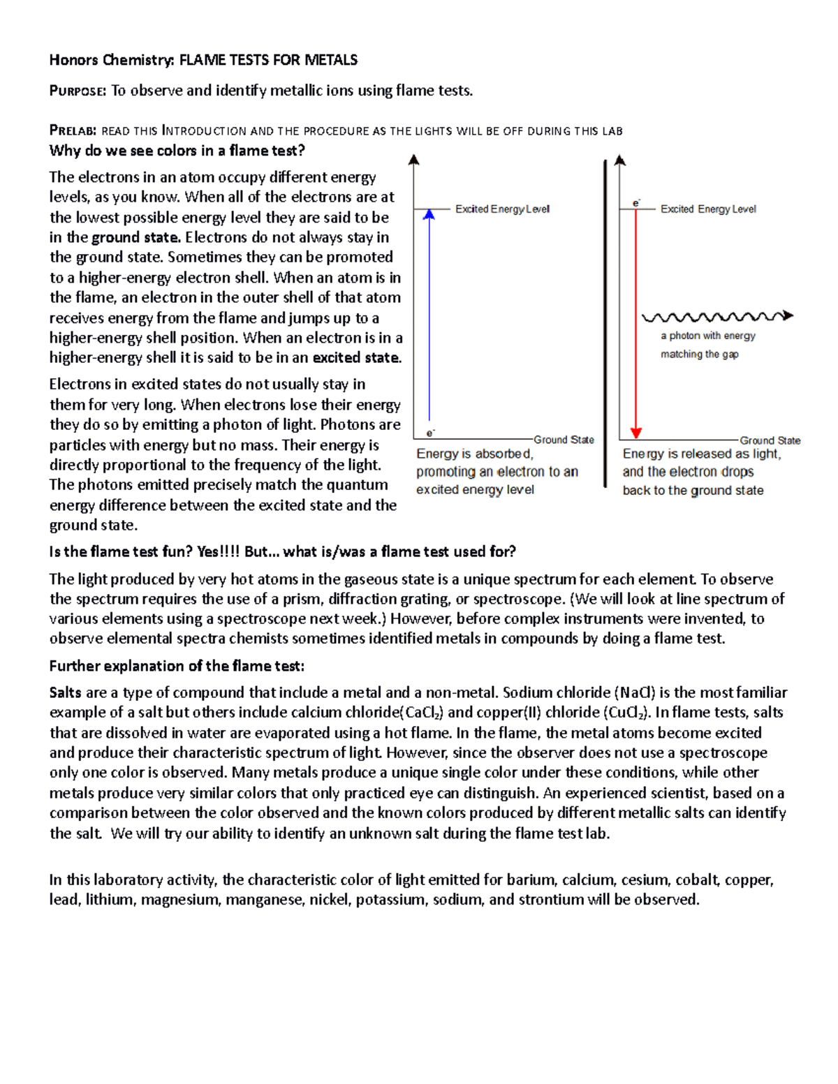Flame Test Lab2017 - Honors Chemistry: FLAME TESTS FOR METALS PURPOSE ...
