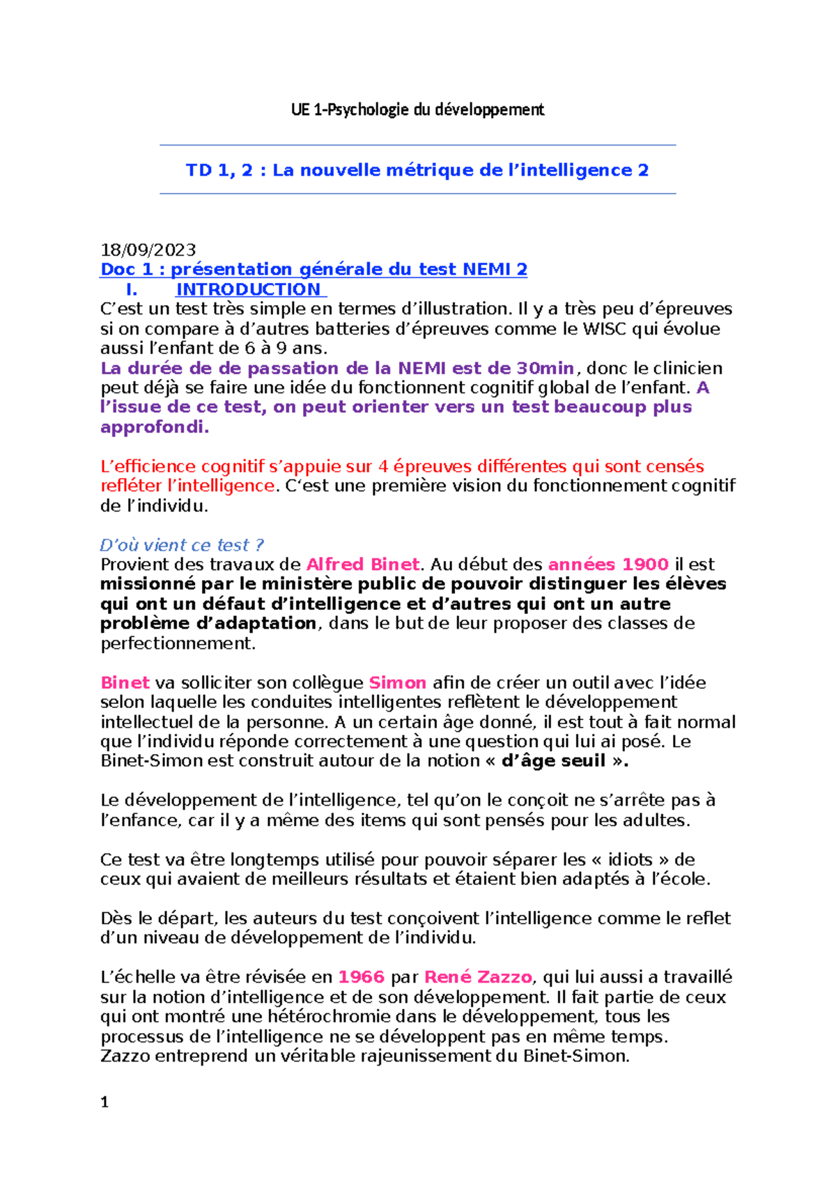 TD 1, 2-NEMI 2 - Td psycho sociale - UE 1-Psychologie du développement ...