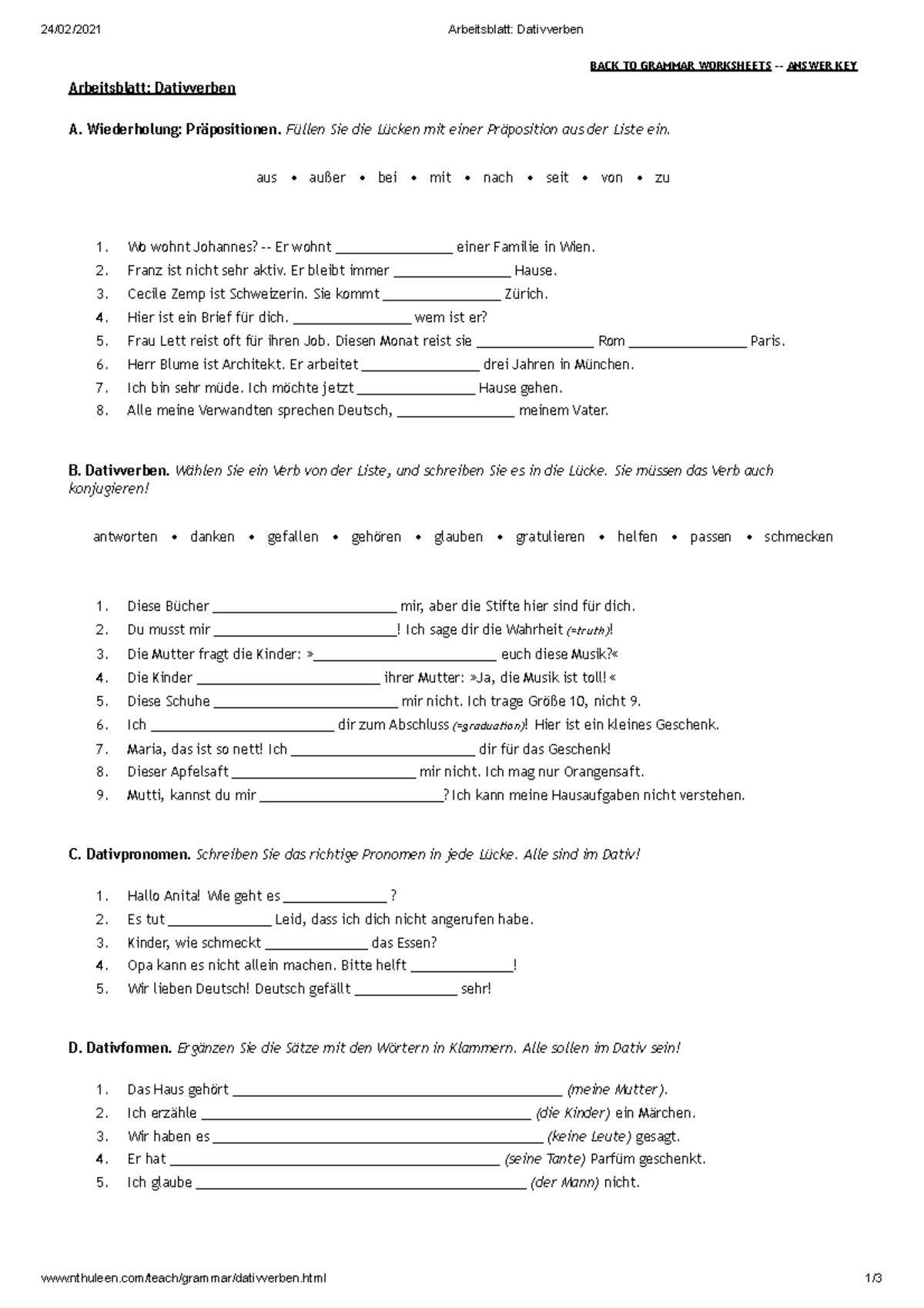 Arbeitsblatt Dativverben - 24/02/2021 Arbeitsblatt: Dativverben - Studocu