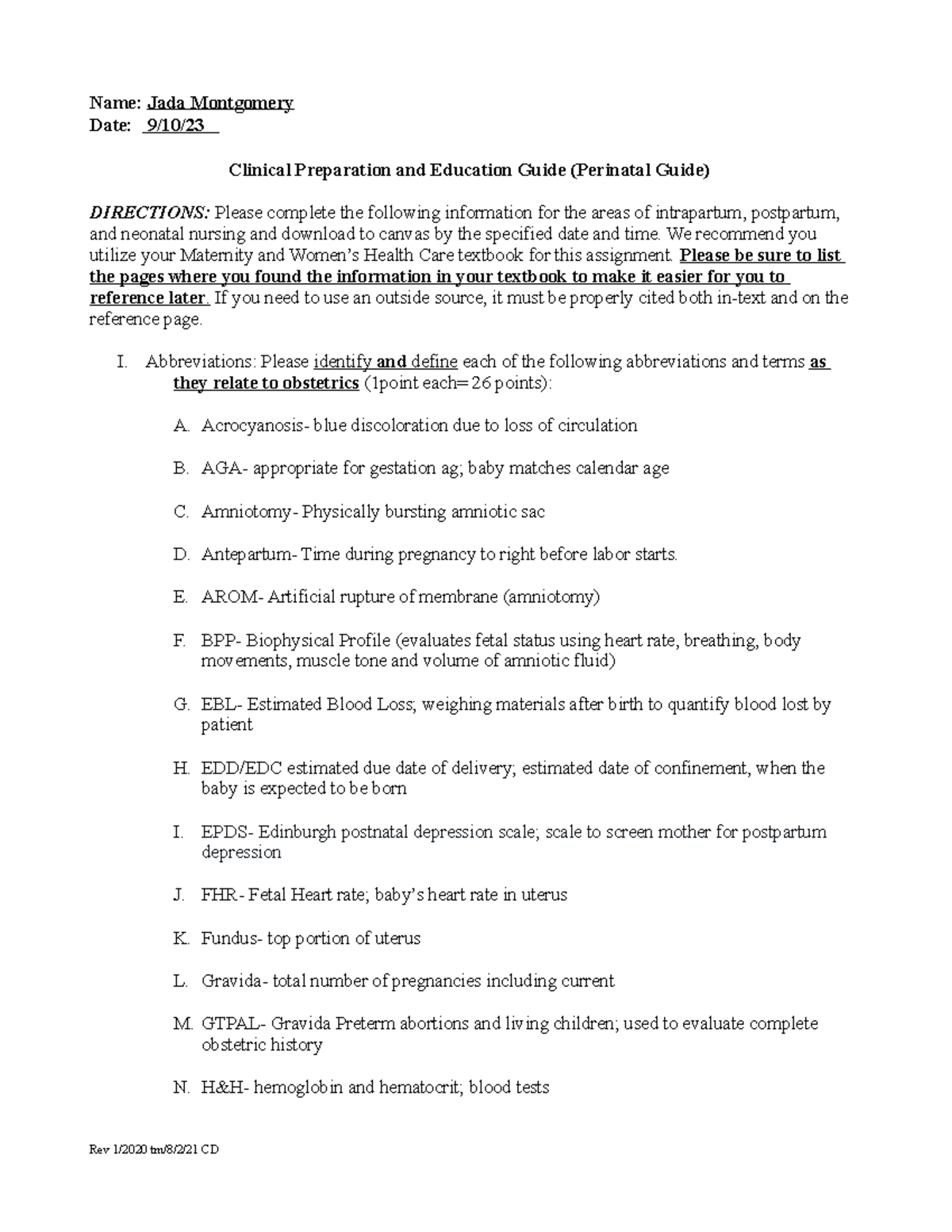 Perinatal Guide - Name: Jada Montgomery Date: 9/10/ Clinical ...