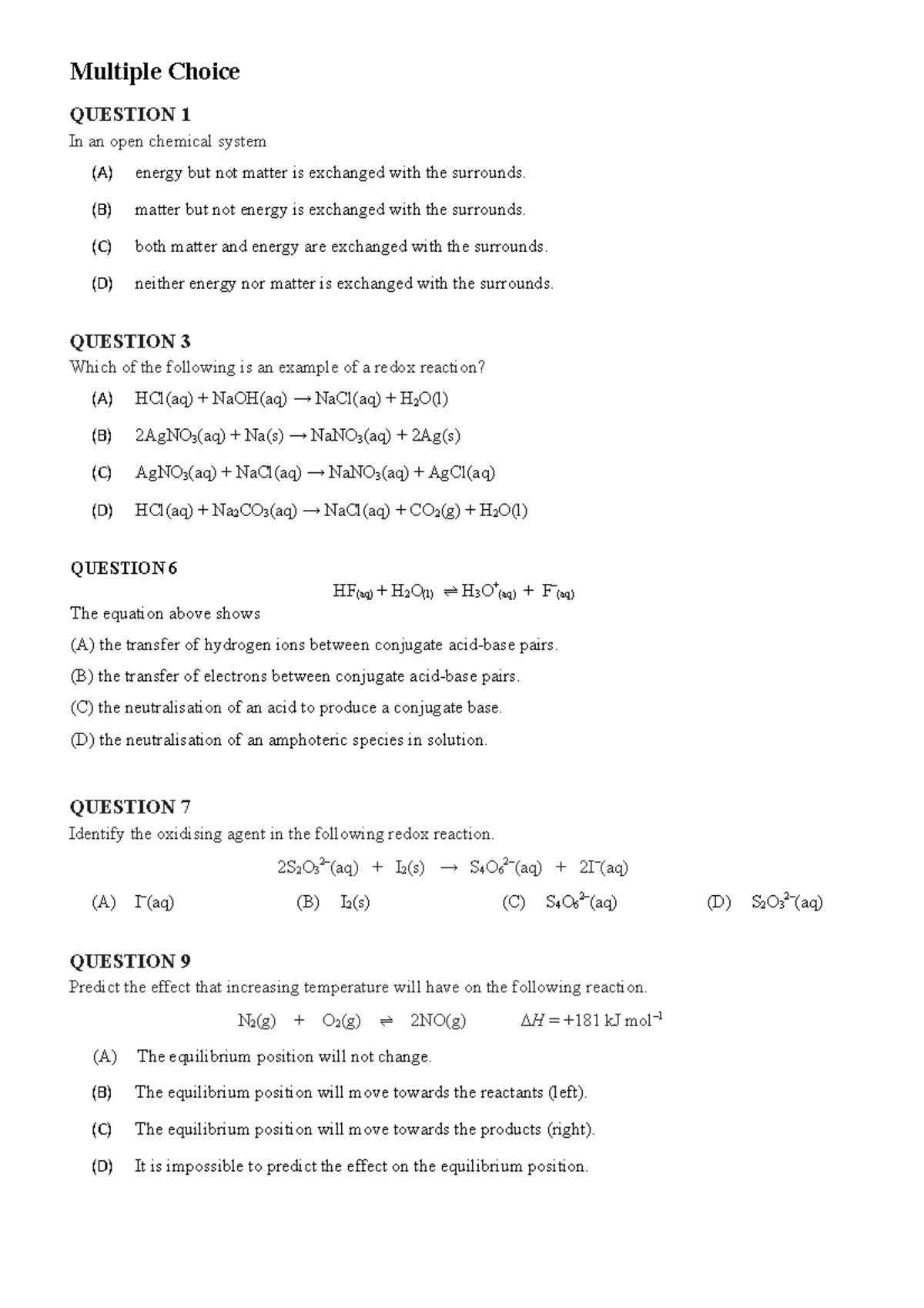 Unit 3 Qs from Public Exam - Multiple Choice QUESTION 1 In an open ...