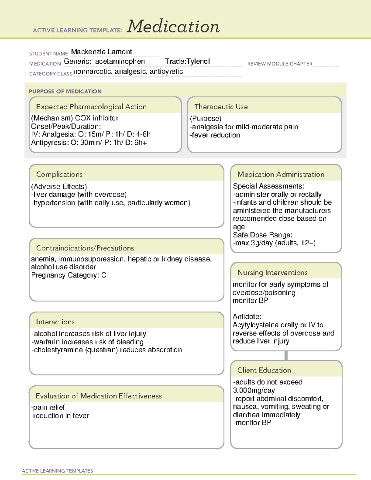 Acetaminophen (Tylenol) - ACTIVE LEARNING TEMPLATES Medication STUDENT ...