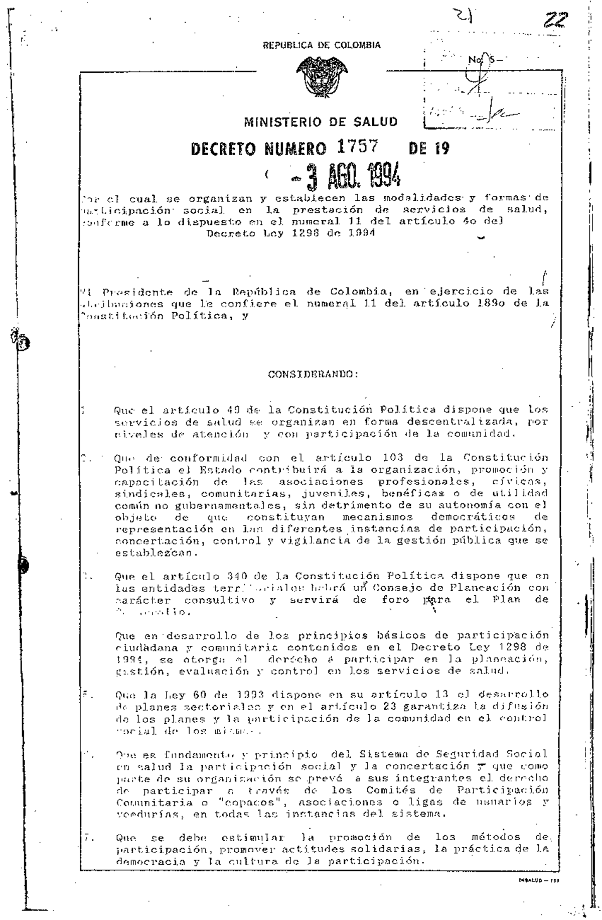 Decreto 1757 de 1994 - ,. REPUBLlCA DE COLOMBIA MINISTERIO DE SALUD ...