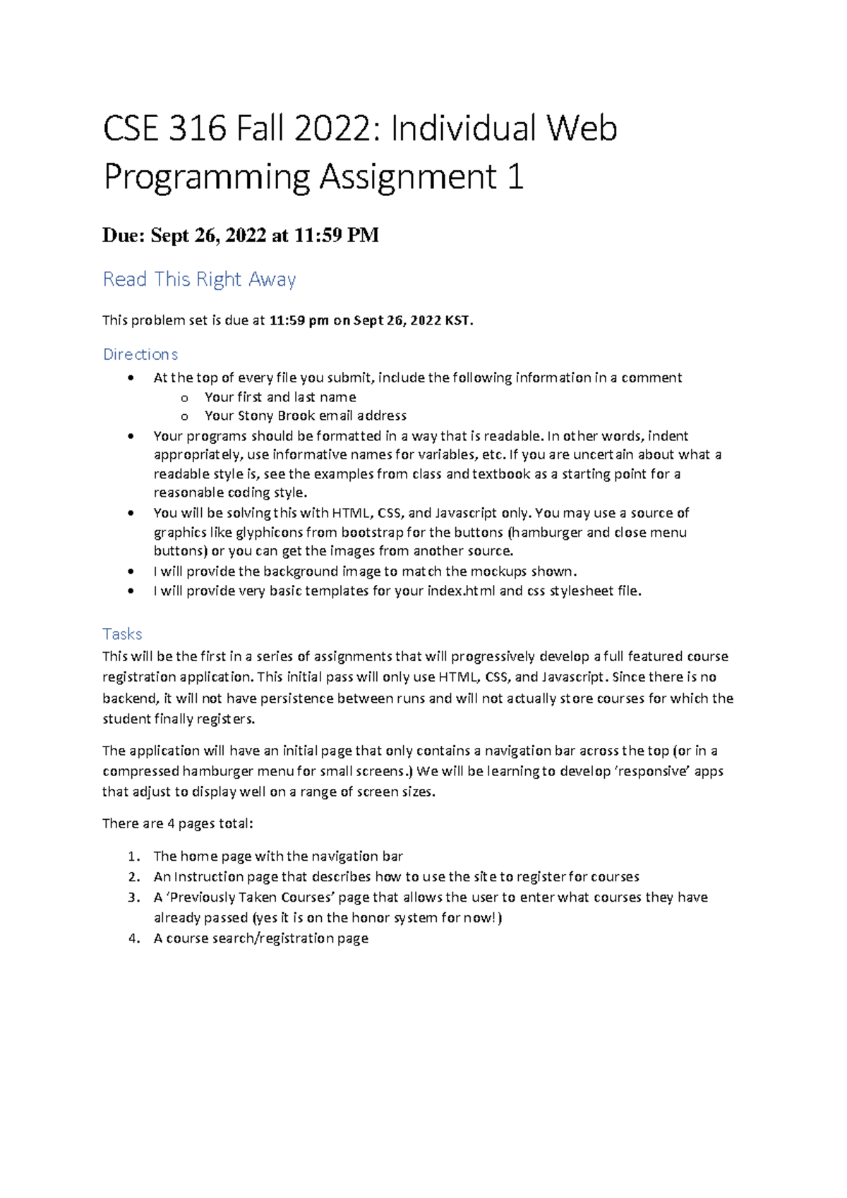 CSE316 Assign 1 - CSE 316 Fall 2022: Individual Web Programming Assignment 1 Due: Sept 26, 2022 ...