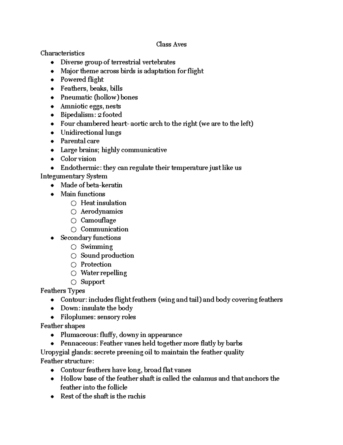 Lecture 9 Birds - notes - Class Aves Characteristics Diverse group of ...