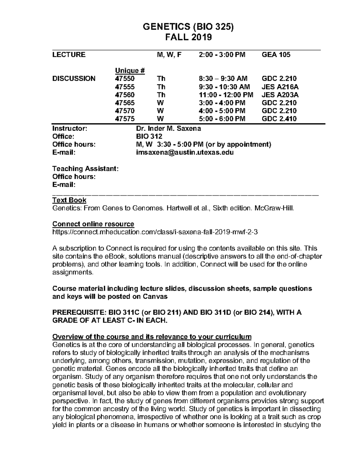 Genetics Syllabus - GENETICS (BIO 325) FALL 2019 - Studocu
