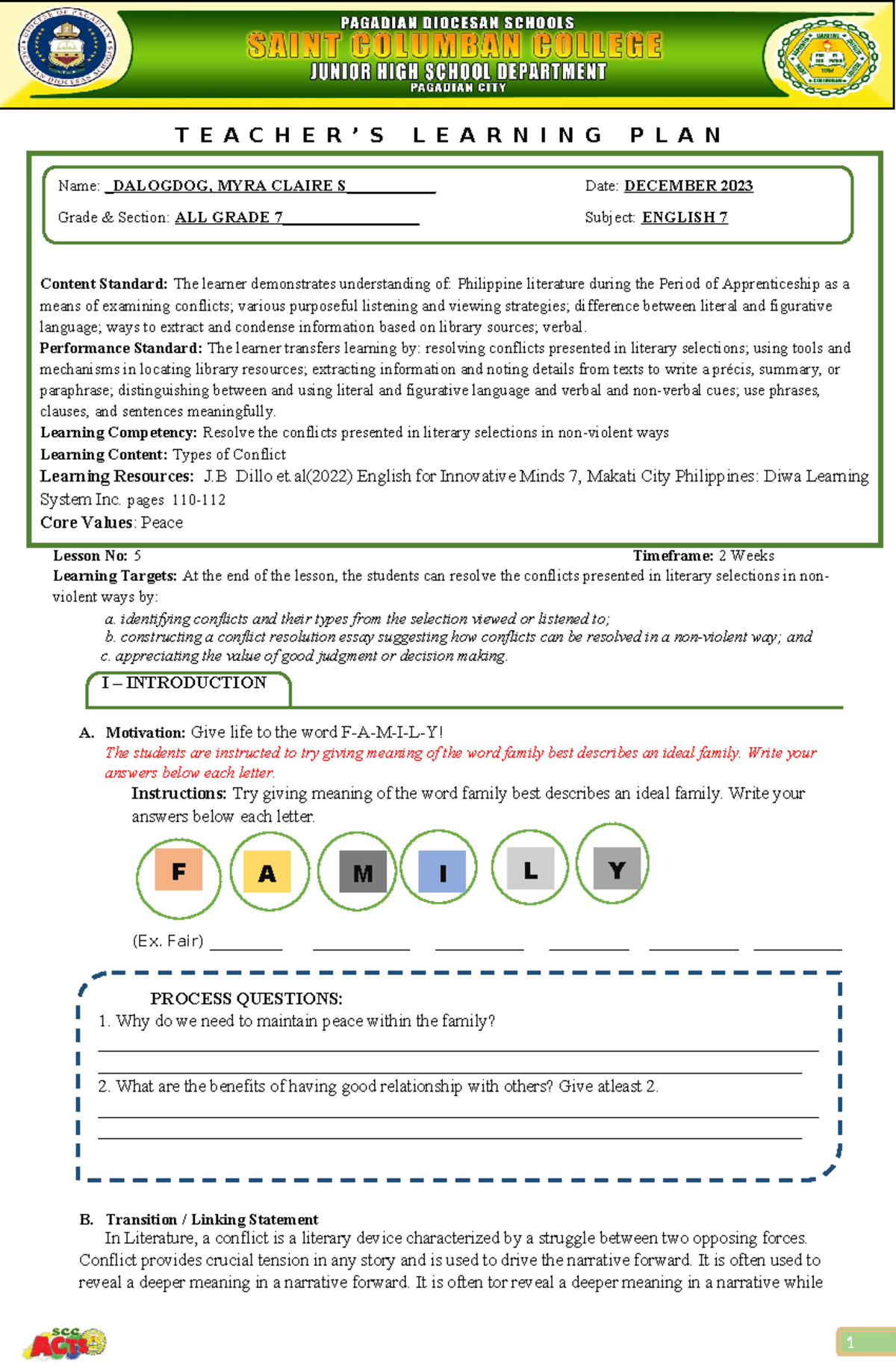 Lesson 5 Types of Conflict Learning Plan - T E A C H E R ’ S L E A R N ...