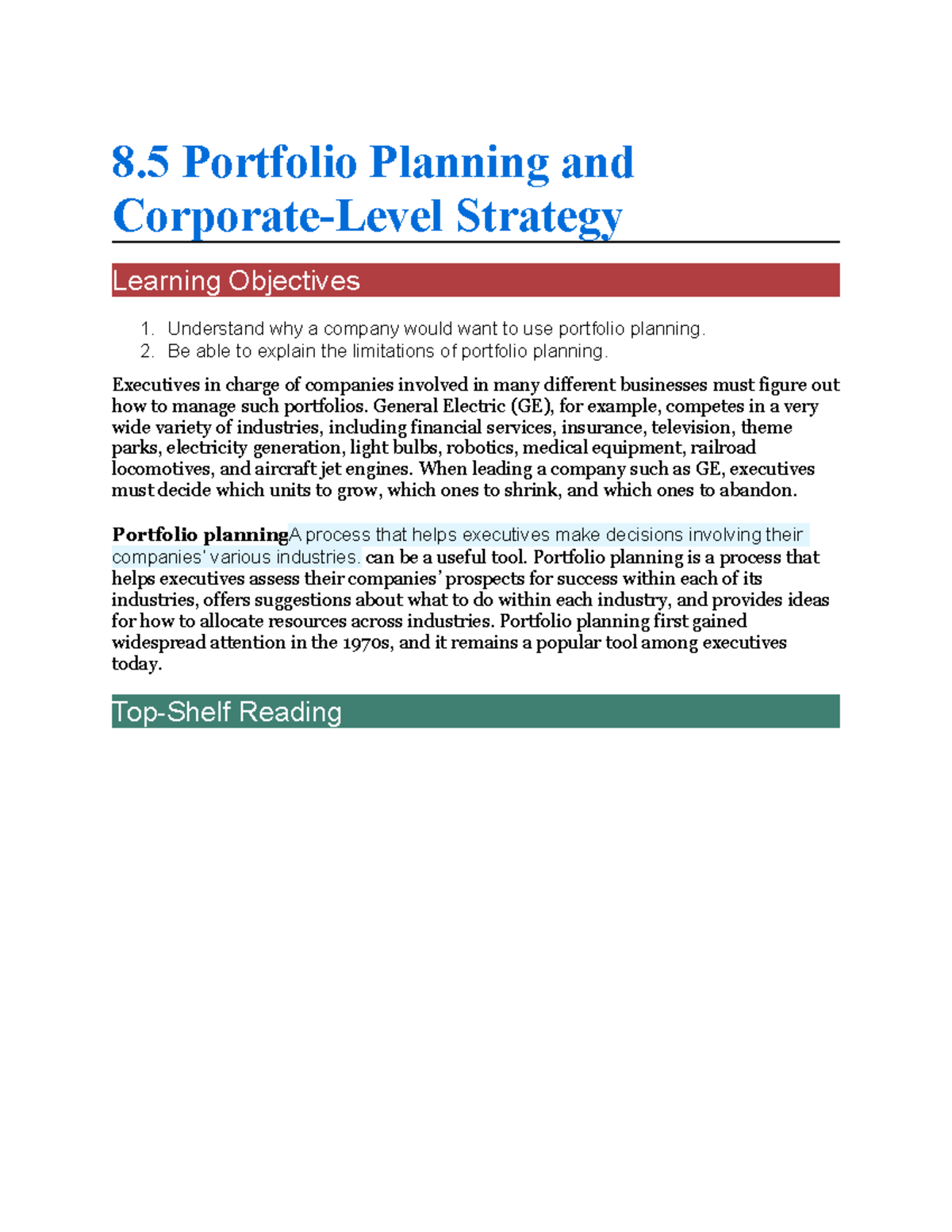 8.5 Portfolio Planning and Corporate Level Strategy - 8 Portfolio ...