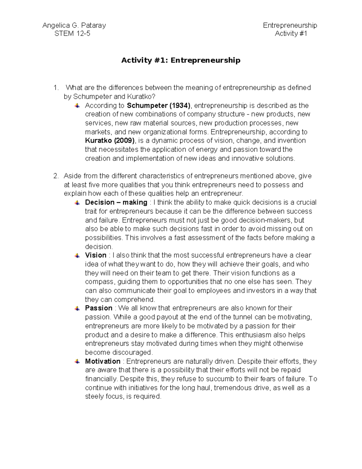 Activity 1 entrep - Angelica G. Pataray Entrepreneurship STEM 12-5 ...