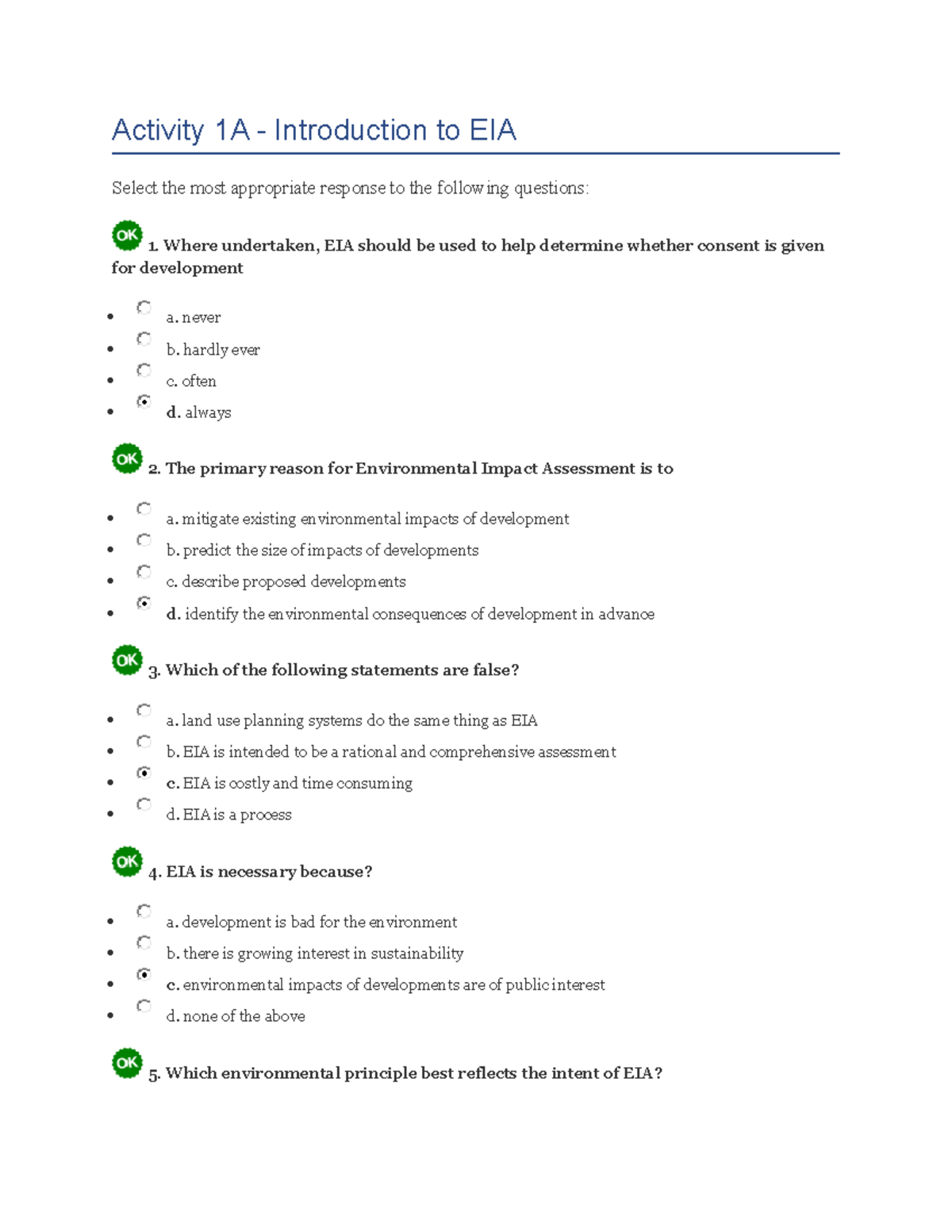 EIA Multiple Choice Questions - Activity 1A - Introduction to EIA ...