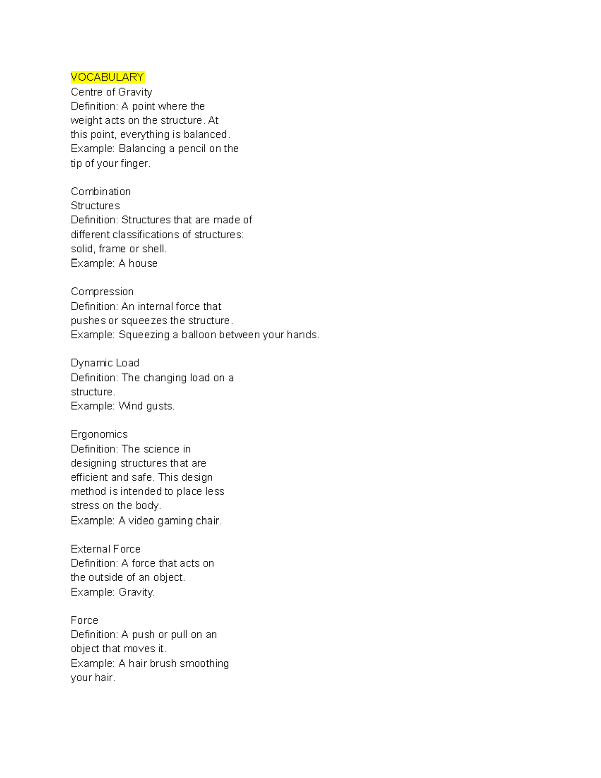 Grade 7 Vocabulary - Structures Unit - VOCABULARY Centre of Gravity ...
