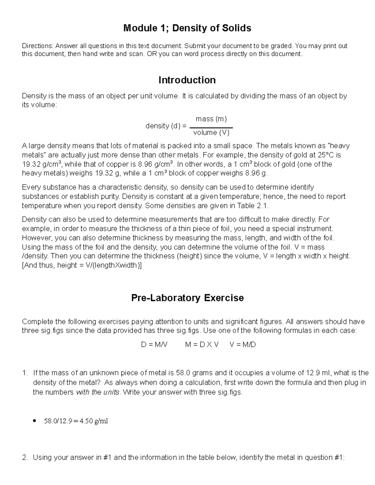 Module 1 Density of Solids - Mateo Rivera - Module 1; Density of Solids ...