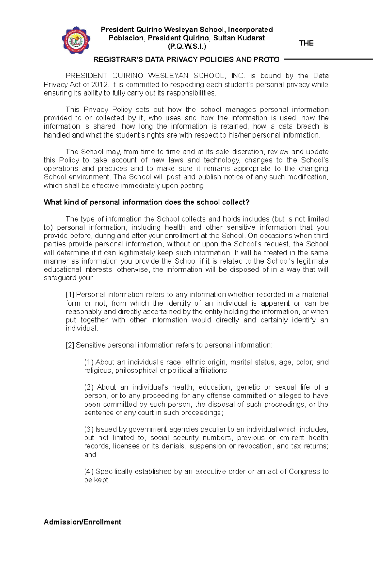 Registrar's DATA Privacy ACT - THE REGISTRAR’S DATA PRIVACY POLICIES ...