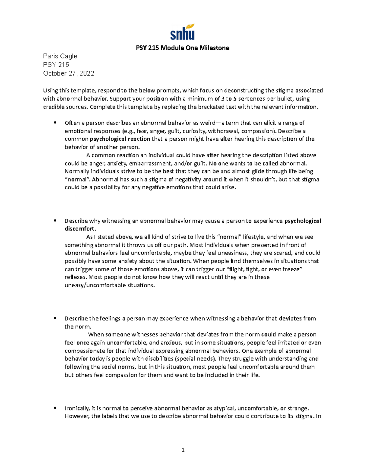 PSY 215 Module One Milestone - PSY 215 Module One Milestone Paris Cagle ...
