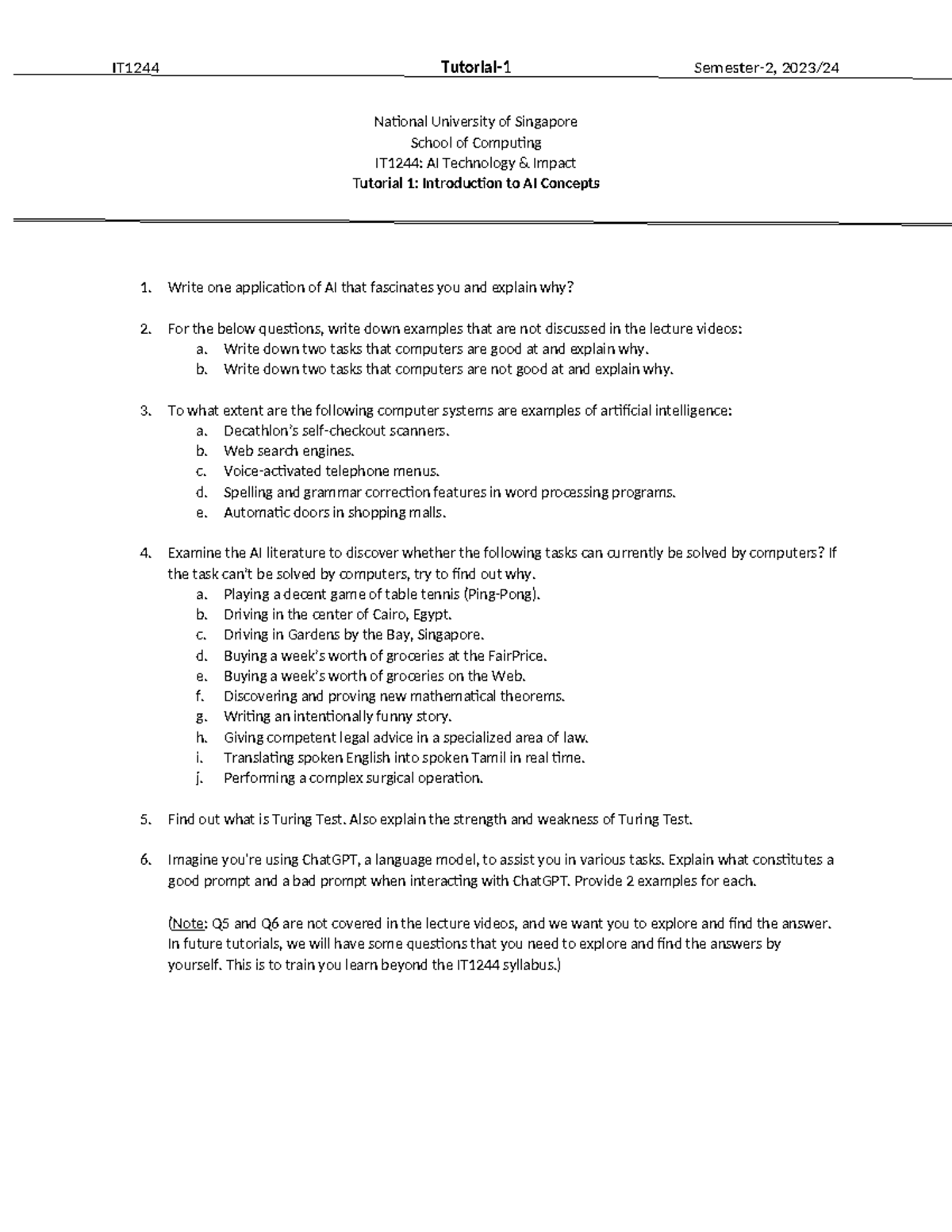 Tutorial-1 - Tutorial - IT1244 Tutorial-1 Semester-2, 2023/ National University of Singapore ...